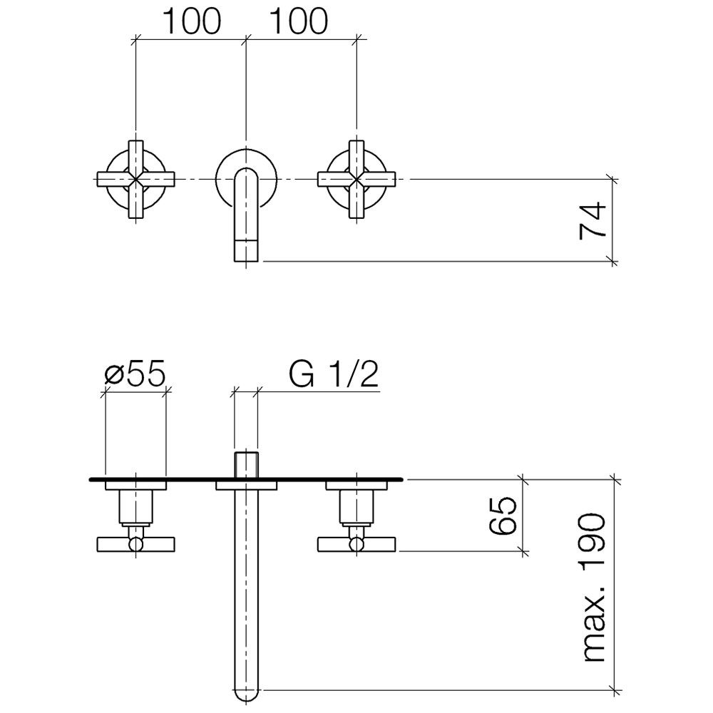 Dornbracht Tara. Dreiloch-Waschtisch-Wandbatterie 36712892-00 - MEGABAD