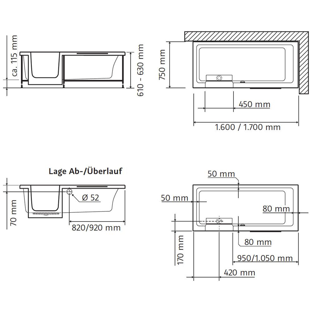HSK Dusch-Badewanne Dobla 160 cm Einstieg links 540160 - MEGABAD