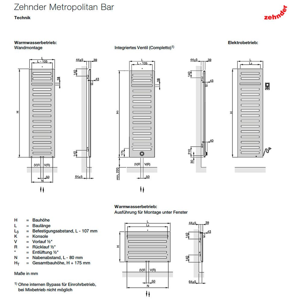 Zehnder Metropolitan Bar MEPE-080-040/ID Handtuchwärmer 40 x 80,5 cm ...